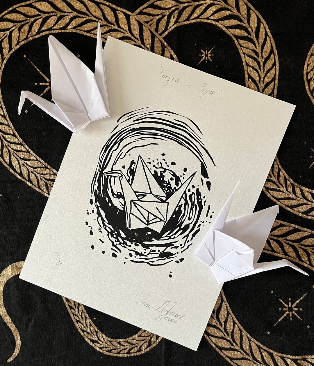 Block Print of Origami Crane • Linocut Print of Original Illustration ...