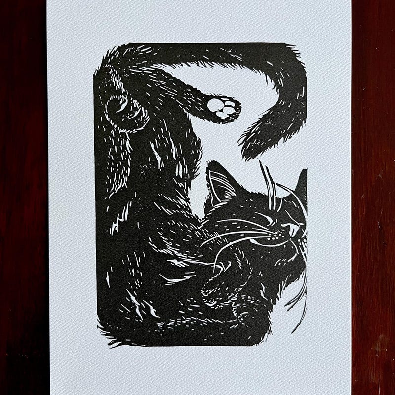 Stamped Black Cat Print - Etsy