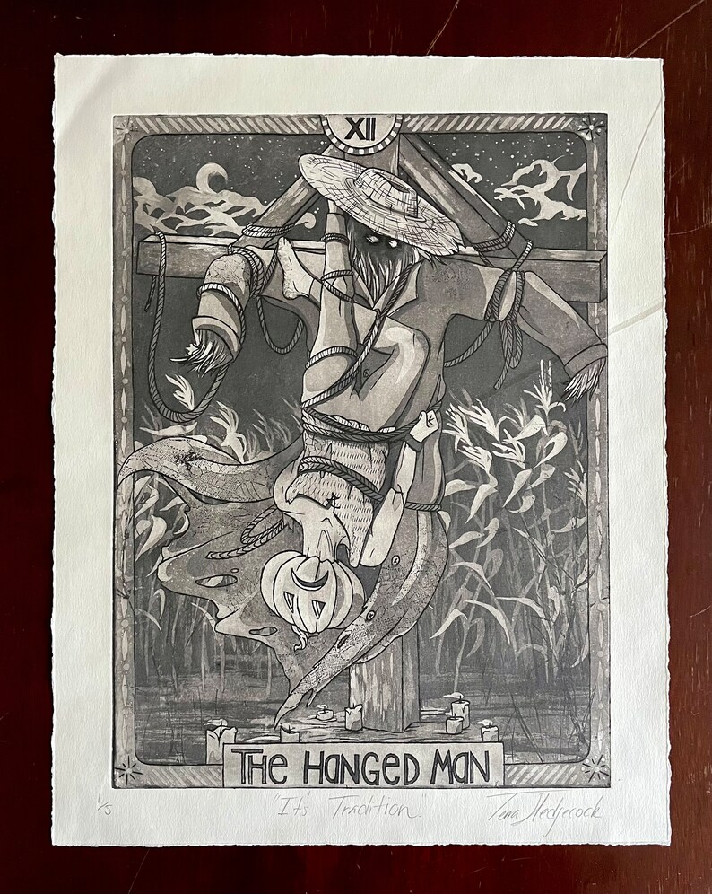 Tarot Card of the Hanged Man • Spooky Art Print for Halloween • Grey ...