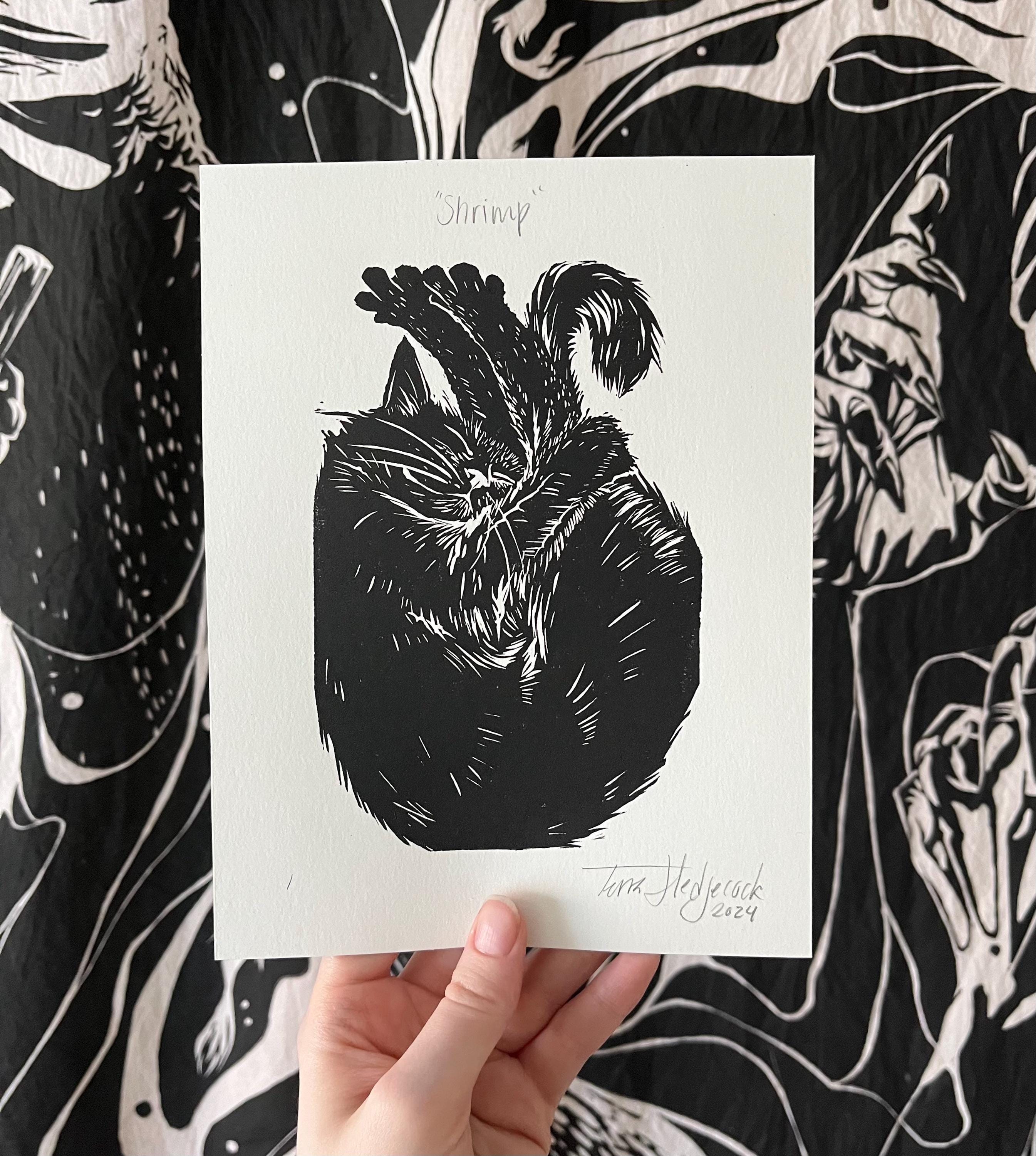 Shrimp Cat Linocut Print, Cute Black Cat, Original Animal Linocut ...
