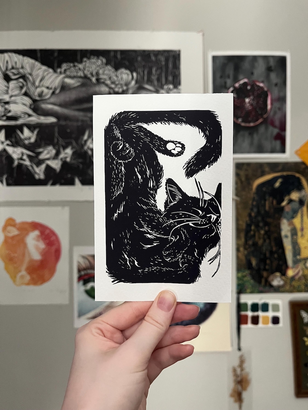 4 X 6 Giclee Print of Memori • Cute Black Cat Linocut • Original Animal ...