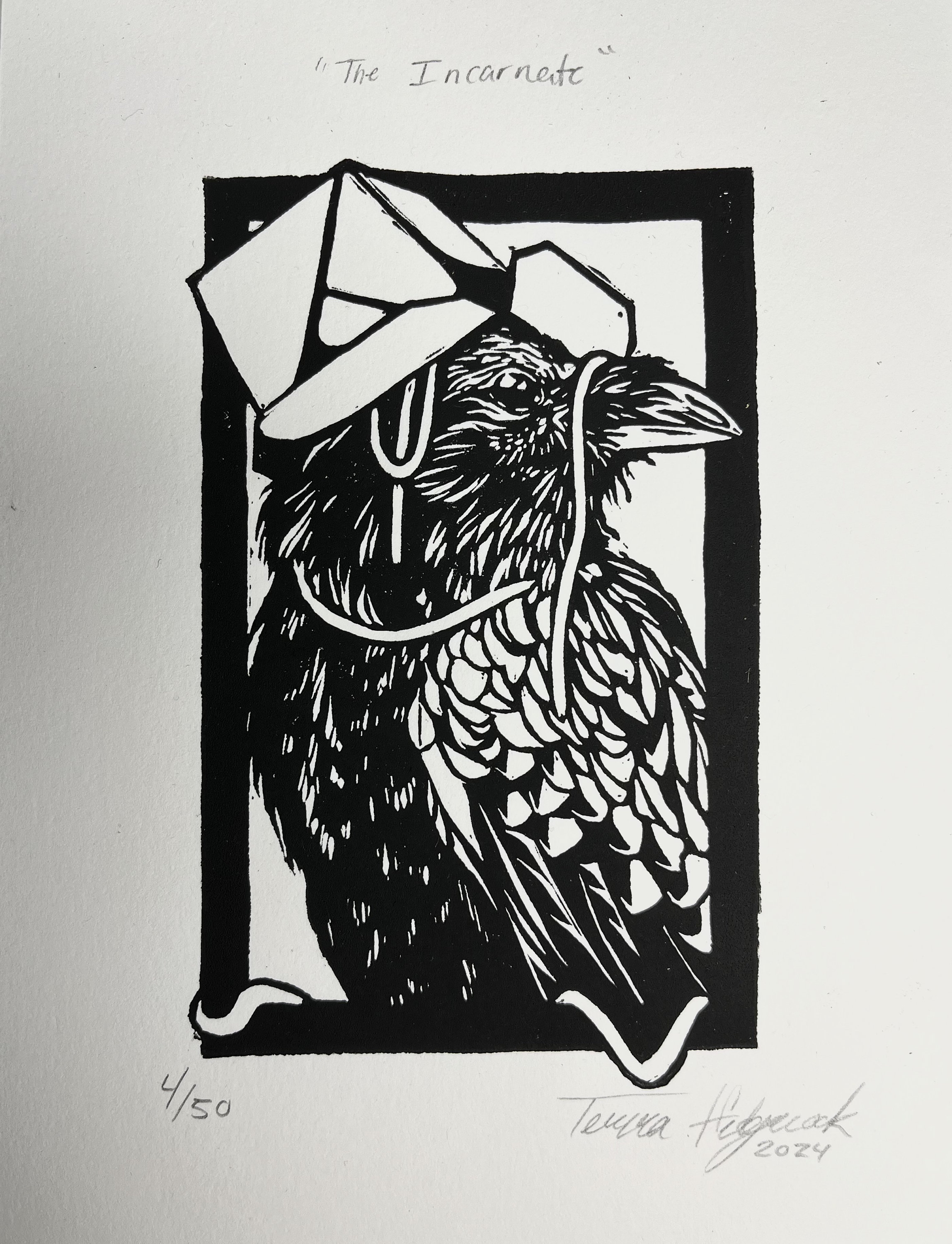 The Incarnate • Linocut Print of Cute Raven With a Chinese Takeout Box ...