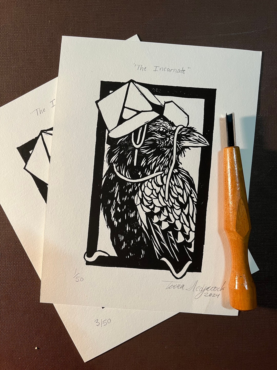 The Incarnate • Linocut Print of Cute Raven With a Chinese Takeout Box ...