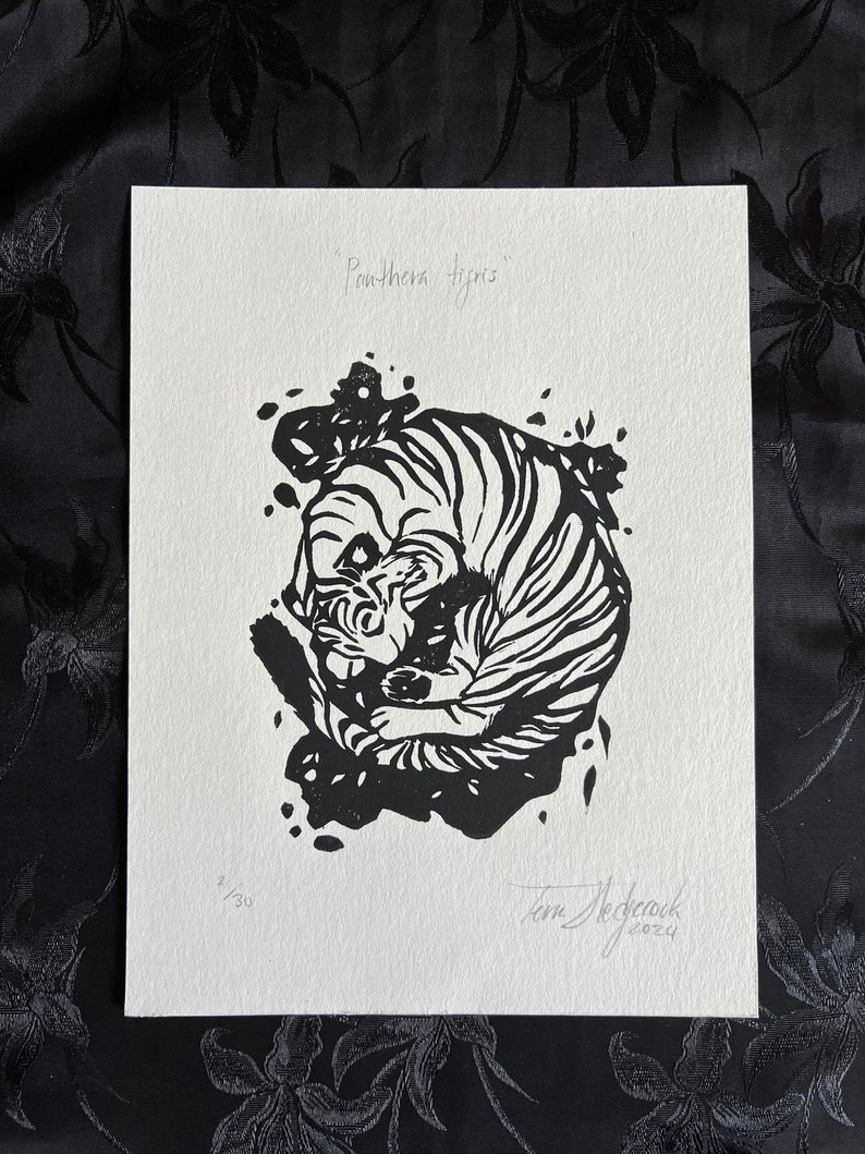 Handmade Linocut Print of Sleeping Tiger, Original Animal Illustration ...