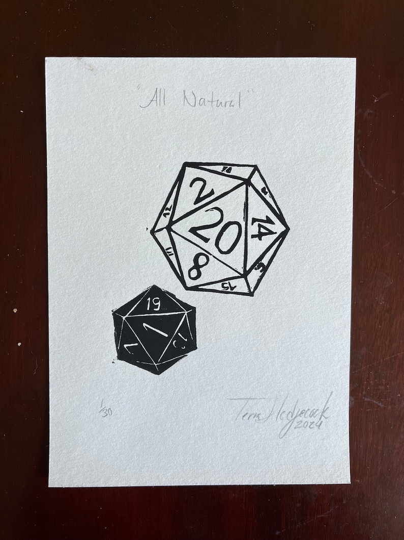 All Natural • Handmade Linocut Print of a D20 • Minimalist TTRPG / Dnd ...