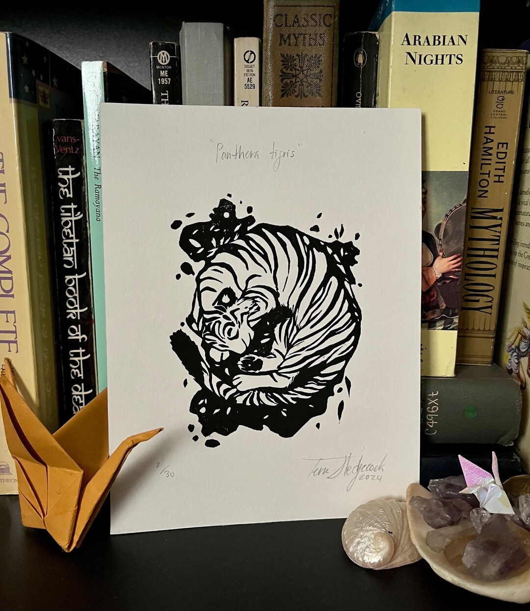 Handmade Linocut Print of Sleeping Tiger, Original Animal Illustration ...