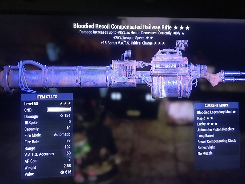 Fallout 76 Railway Rifle Bloodied Faster Fire Rate Vats God Roll PS4/5 ...