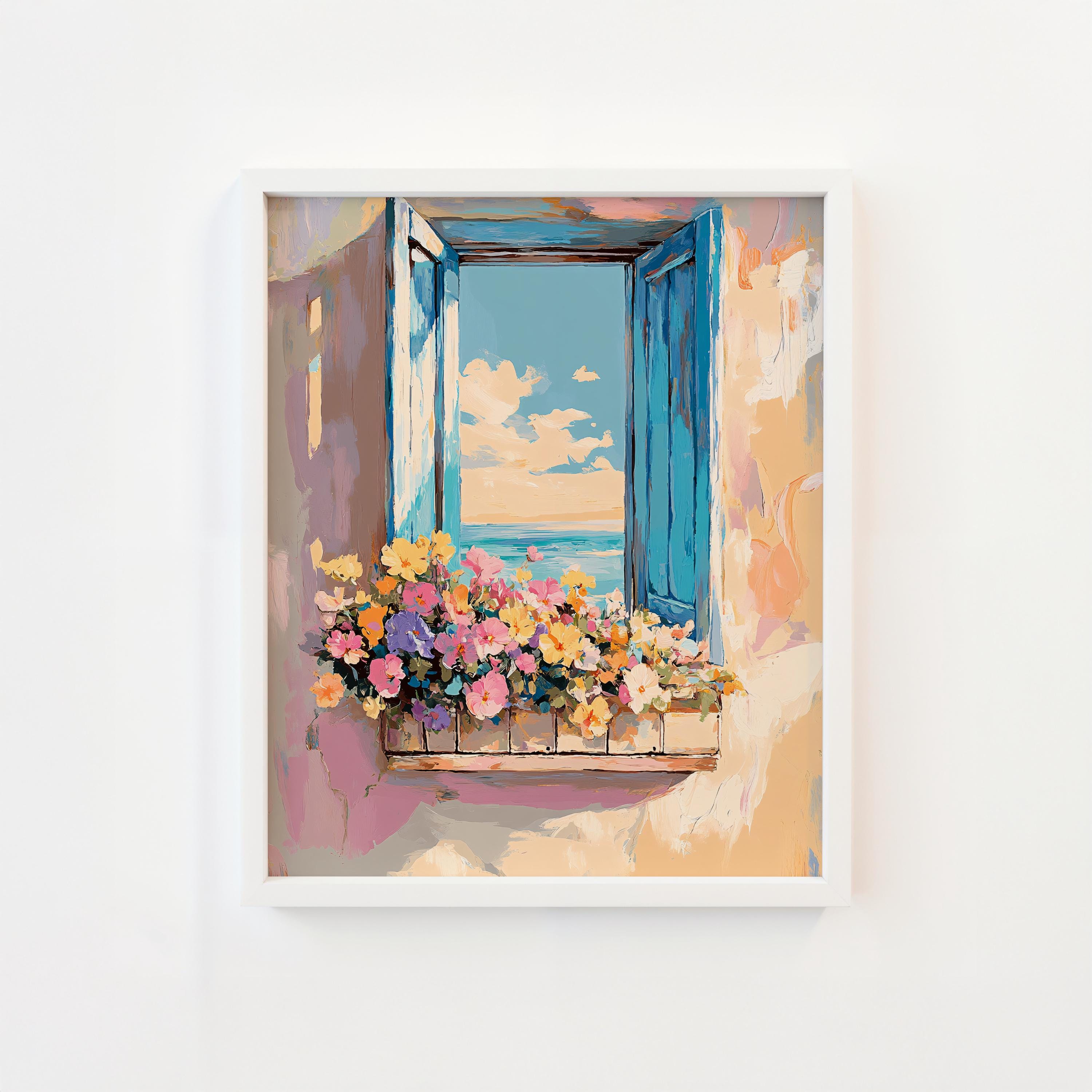 Window View With Flower Box & Blue Sea – Coastal Cottagecore Wall Art ...