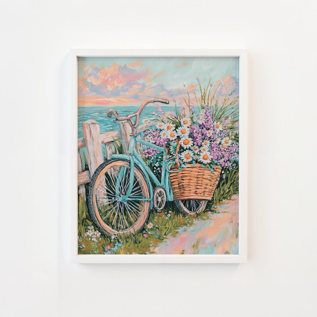 Vintage Bike With Flowers at Gate – Coastal Pastel Wall Art Printable ...
