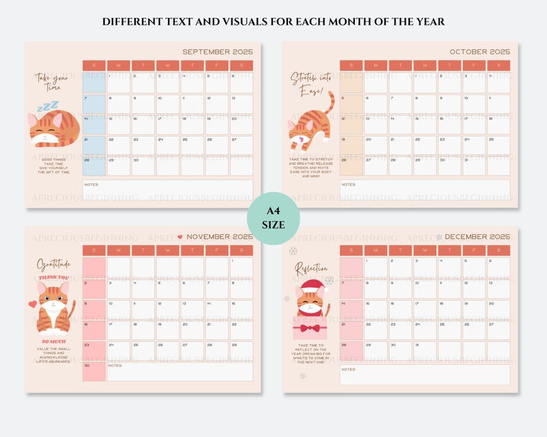 2025 Cat Printable Calendar Printable Landscape A4 Digital Calendar ...