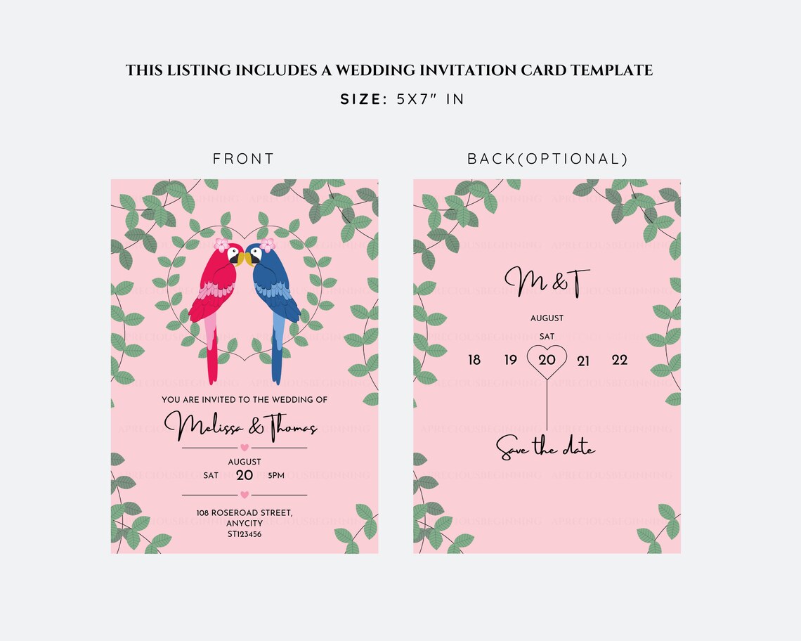 Editable Wedding Invitation Card Template, Love Birds, Tropical ...