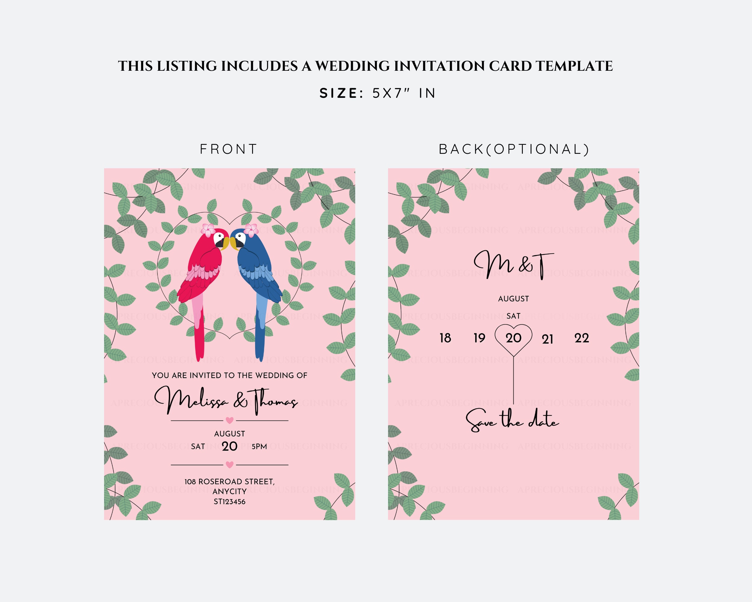 Editable Wedding Invitation Card Template, Love Birds, Tropical ...