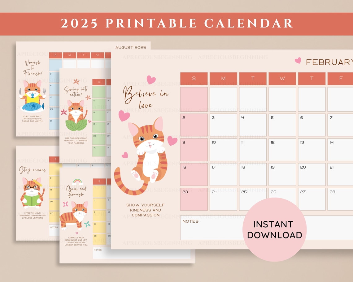 2025 Cat Printable Calendar | Printable Landscape | A4 | Digital ...