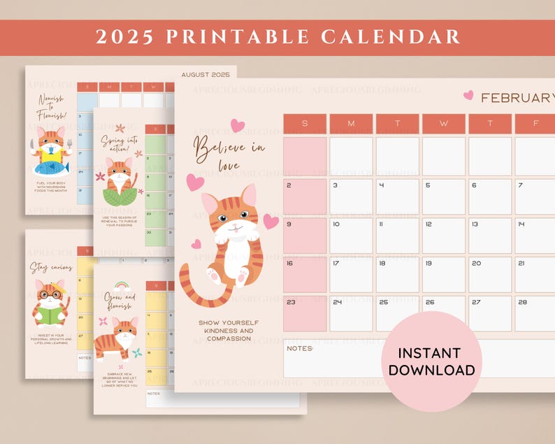 2025 Cat Printable Calendar | Printable Landscape | A4 | Digital ...