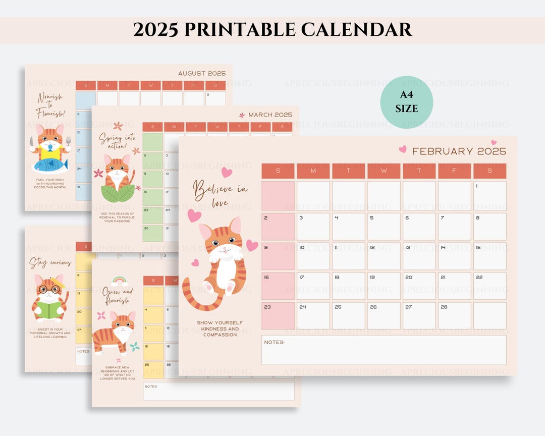 2025 Cat Printable Calendar Printable Landscape A4 Digital Calendar ...