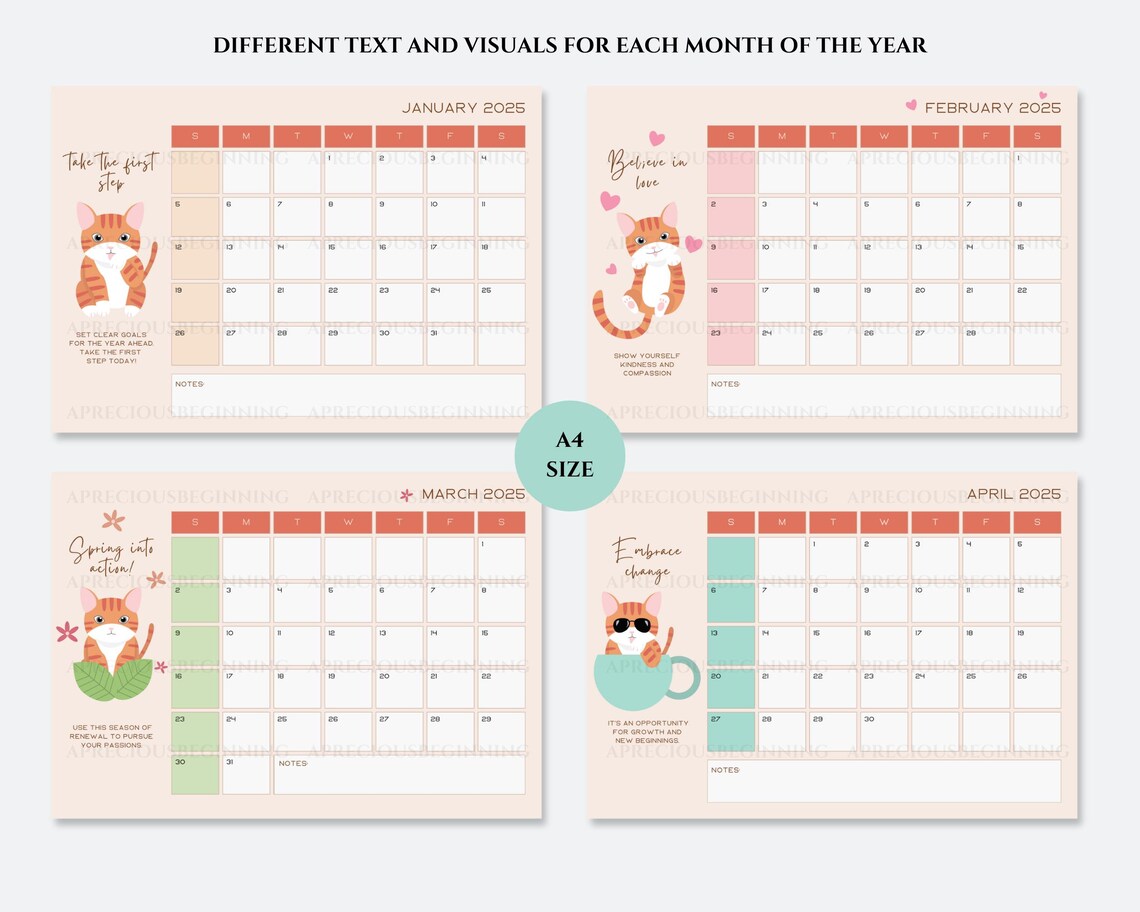 2025 Cat Printable Calendar | Printable Landscape | A4 | Digital ...