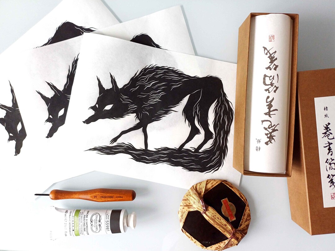 Wolf Linocut Print on Japanese Washi Paper - Etsy