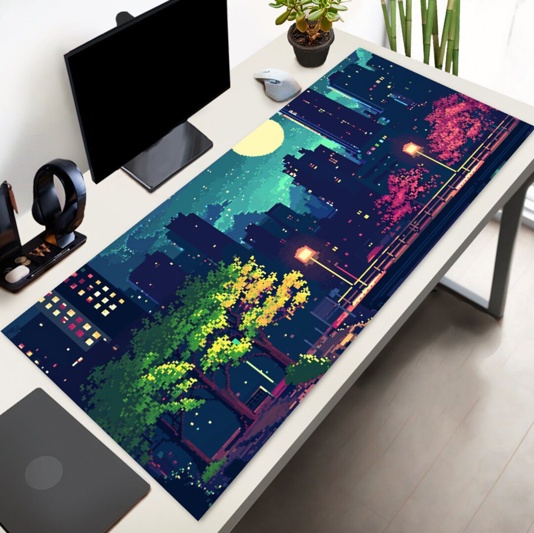Lofi Pixel Art Desk Mat, Anime Desk Pad, Moon Pixel Desk Mat, Tokyo ...