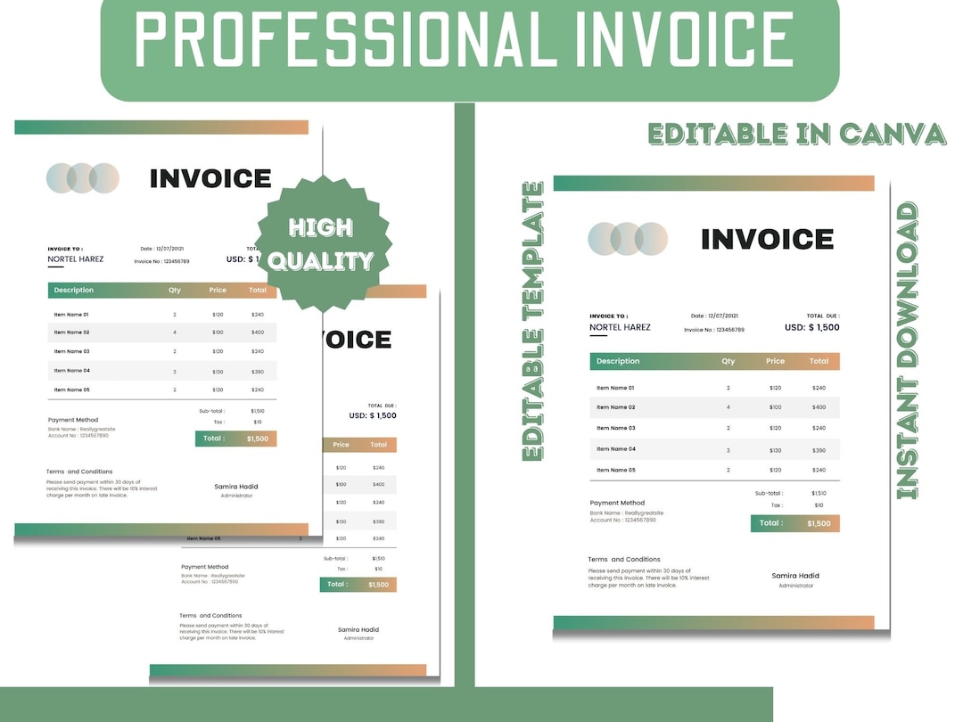 Green Professional Invoice Template | Editable Invoice | Green Invoice ...