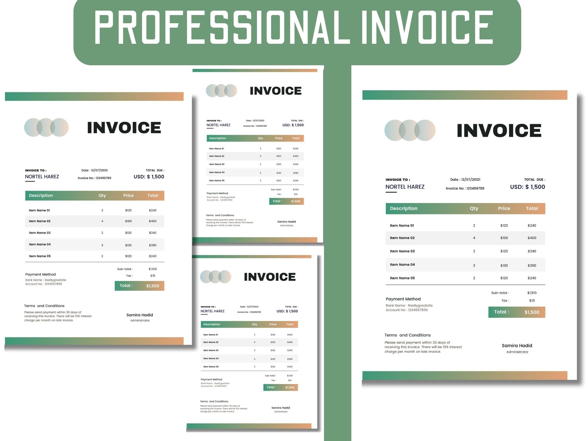 Green Professional Invoice Template | Editable Invoice | Green Invoice ...