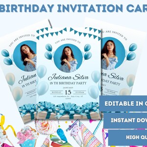 Blue Birthday Invitation Card | Birthday Invites | Editable Invitation ...