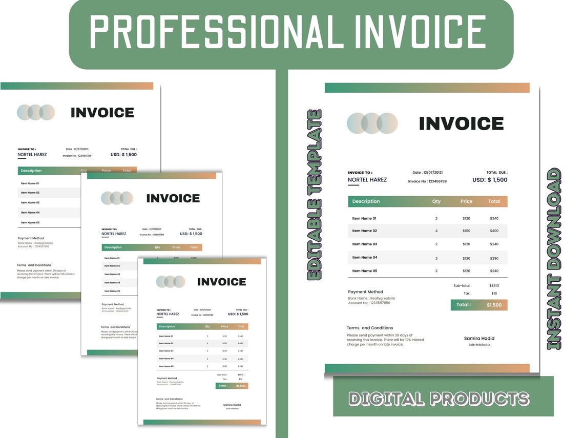 Green Professional Invoice Template | Editable Invoice | Green Invoice ...