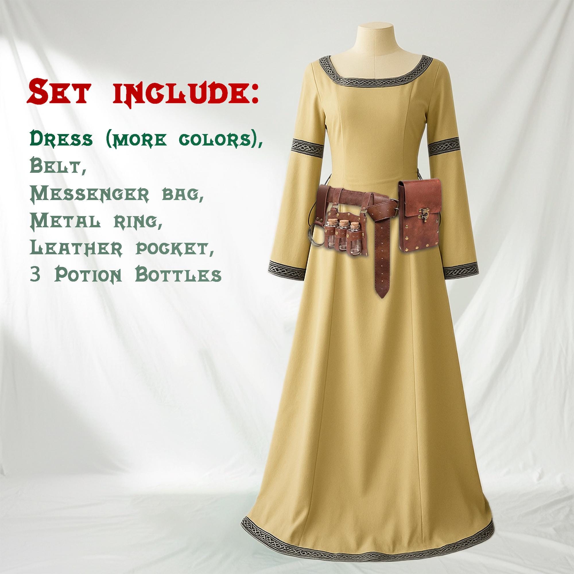 Viking Rustic Dress & Utility Belt Set: Waist Bag Pouch, Potion Holder ...