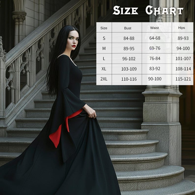 Black & Red Gothic Witch Dress: Crimson Bat Flared Sleeve, Long Floor ...