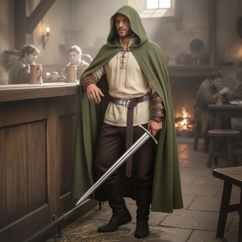 Medieval Renaissance Clothes Set 6pcs: Hooded Cape Cloak, Lacing Shirt ...