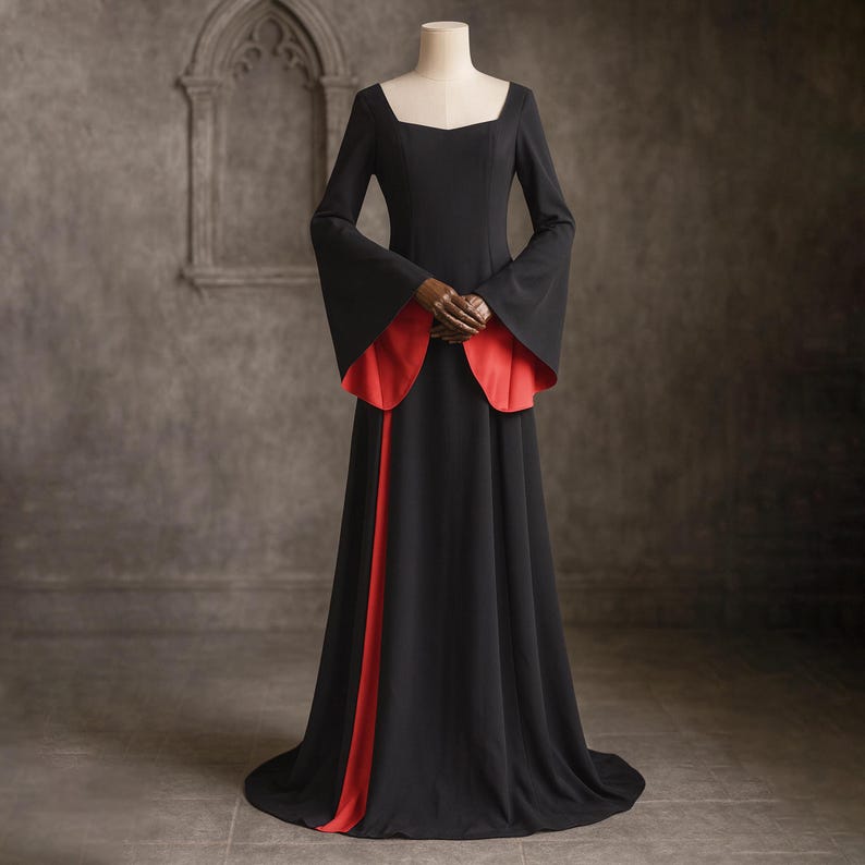 Black & Red Gothic Witch Dress: Crimson Bat Flared Sleeve, Long Floor ...