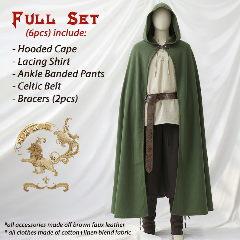 Medieval Renaissance Clothes Set 6pcs: Hooded Cape Cloak, Lacing Shirt ...