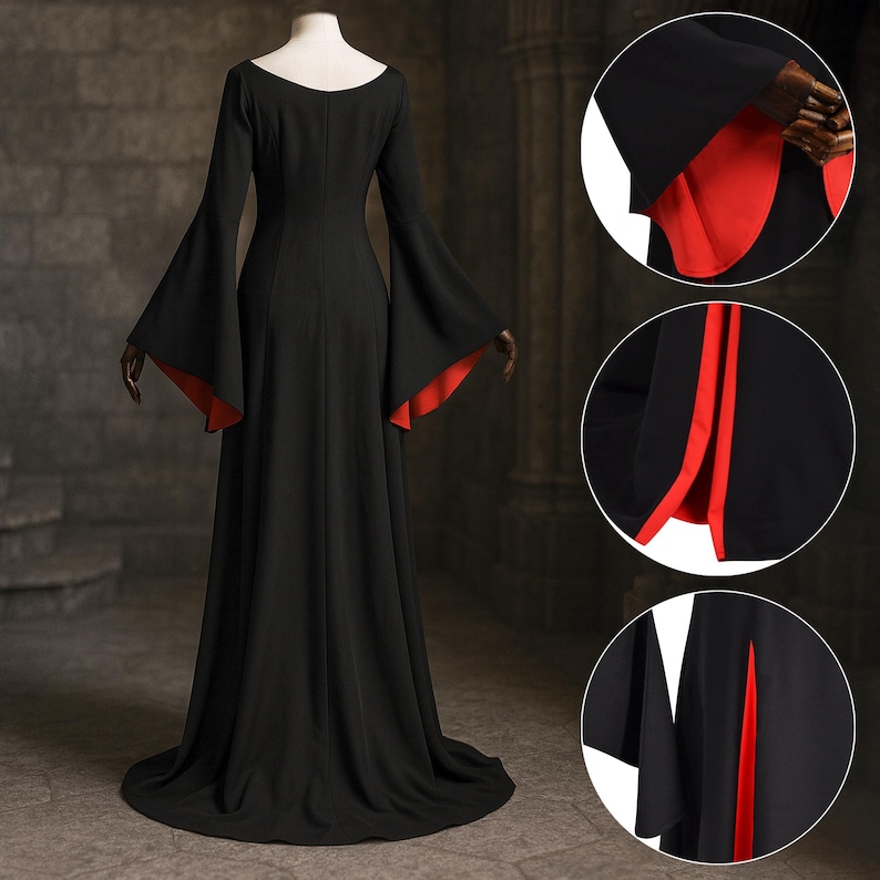 Black & Red Gothic Witch Dress: Crimson Bat Flared Sleeve, Long Floor ...