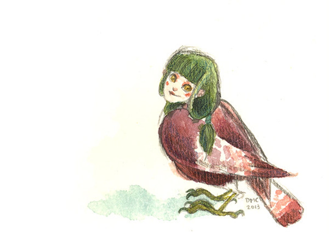 ACEO Fantasy Anime Bird Girl Art Print - Apple Cheeks - Limited - Etsy