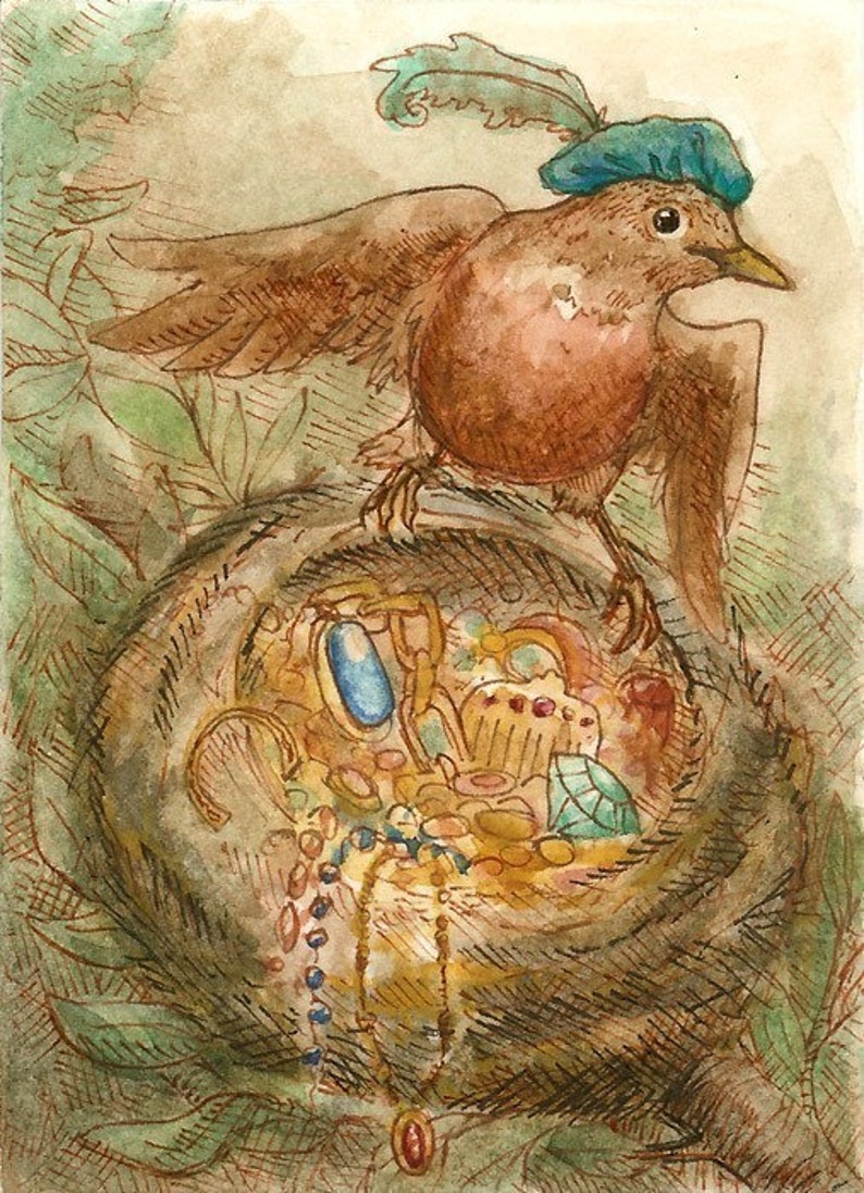 The Robber Robin - ACEO Fantasy Bird Painting Print - Etsy