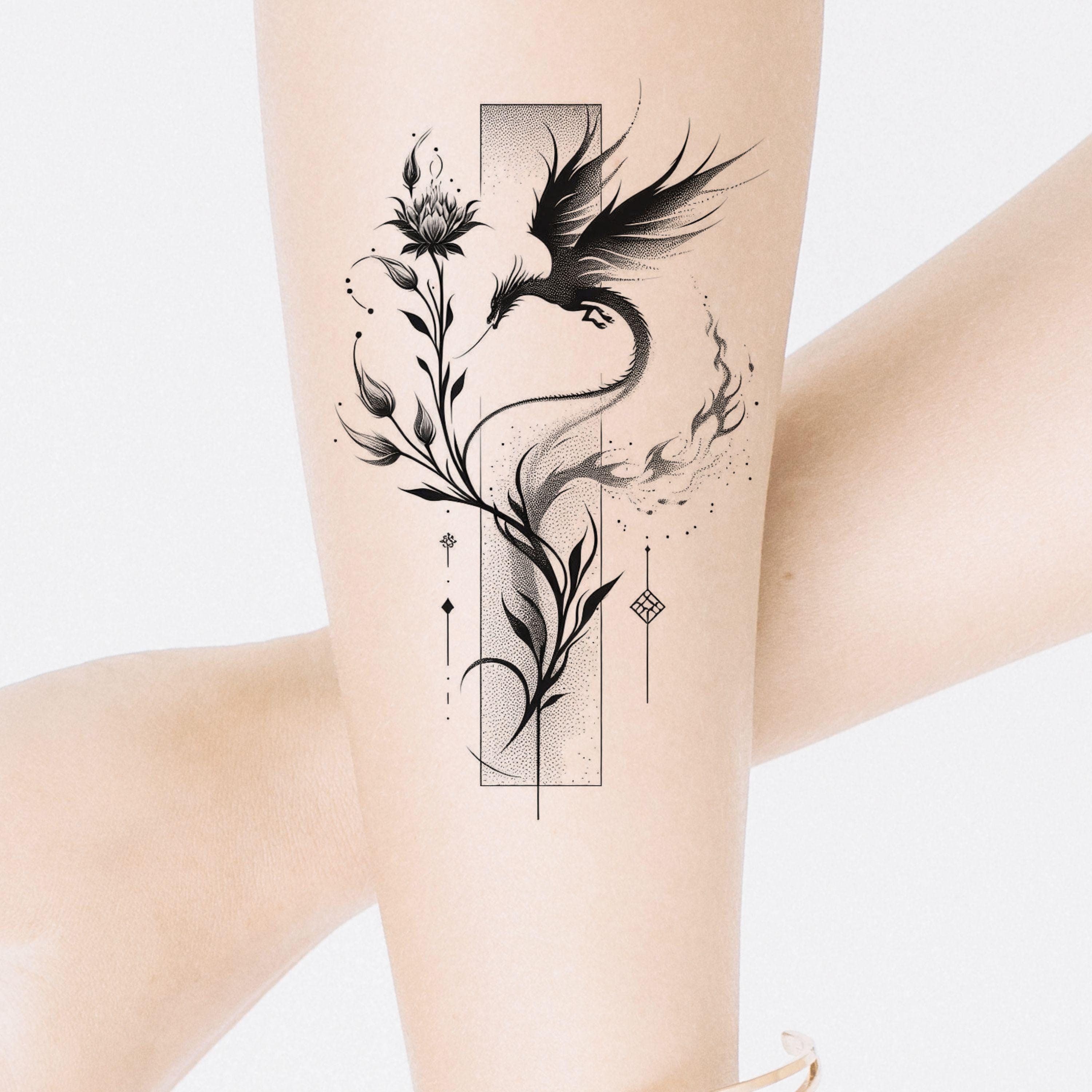 Small dragon and flower tattoo | Orangetattooshop.com