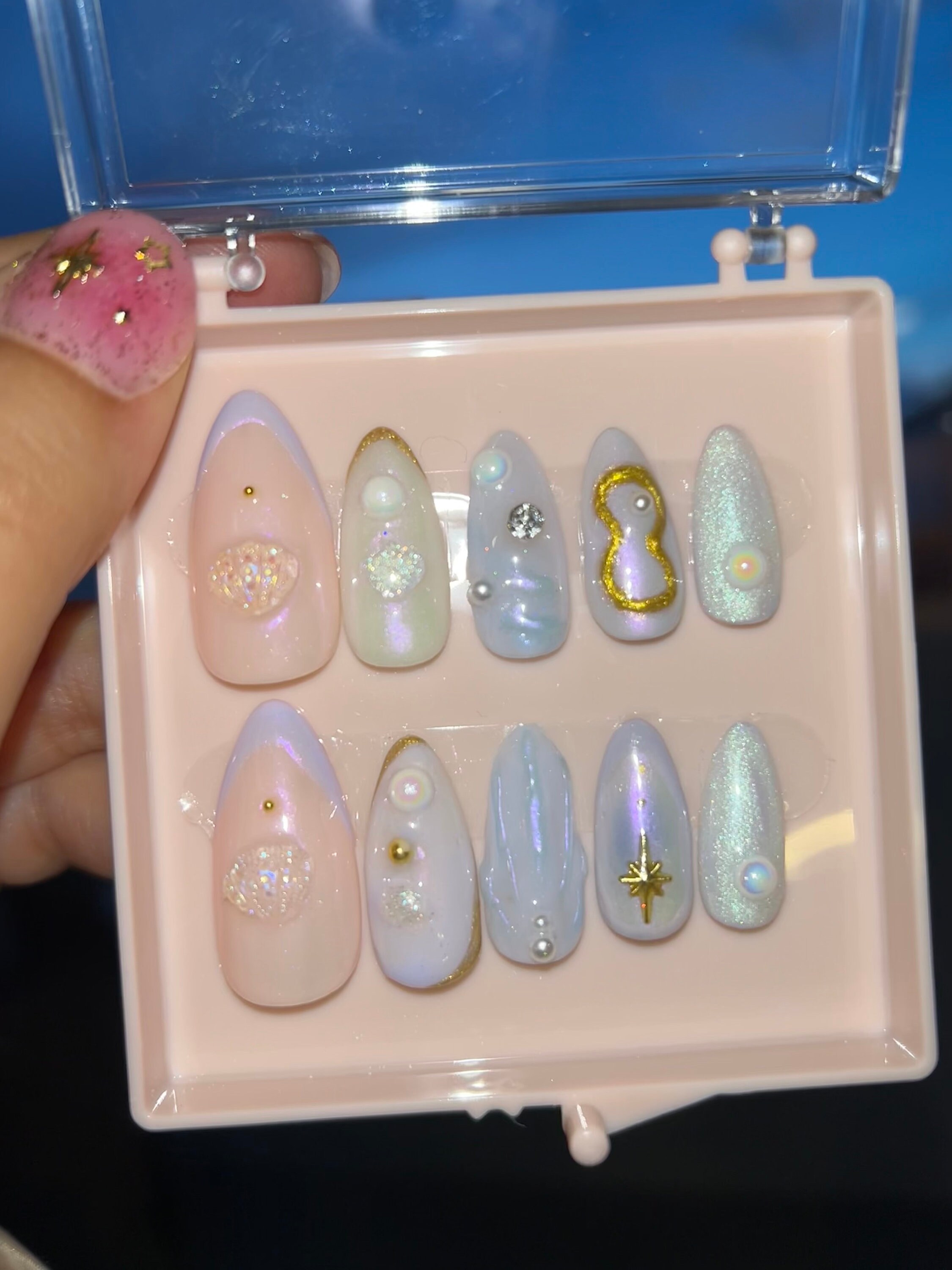 Elegant Ocean Pink Press on Nails Nail Set With Seashell Designs Cute ...