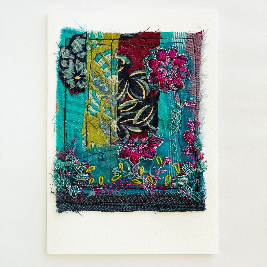 Hand Made Fabric, Collage Card or Artwork, Greens, Teals and Magenta ...