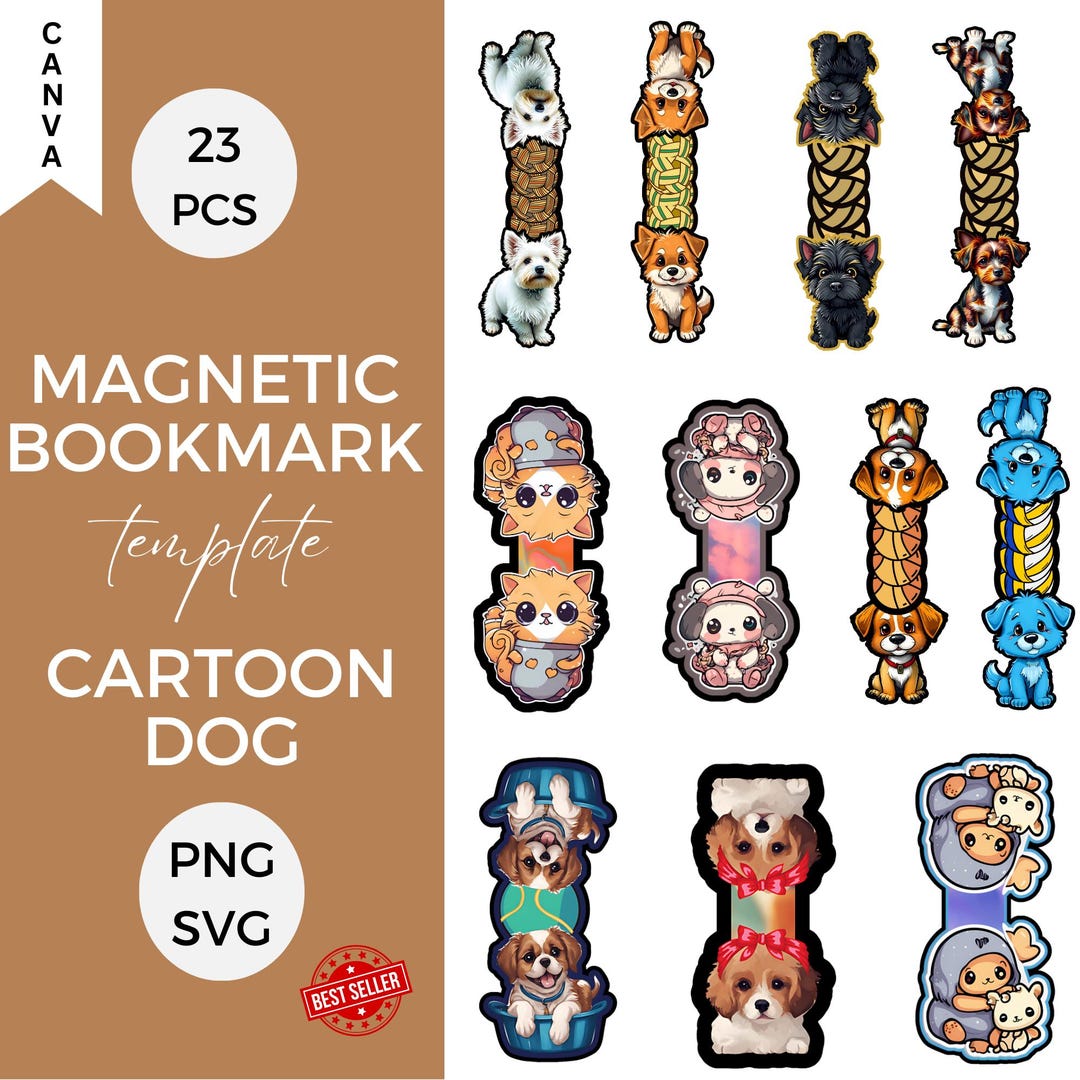 Cartoon Dog Magnetic Bookmark SVG PNG: Modern Book Page Holder (digital ...