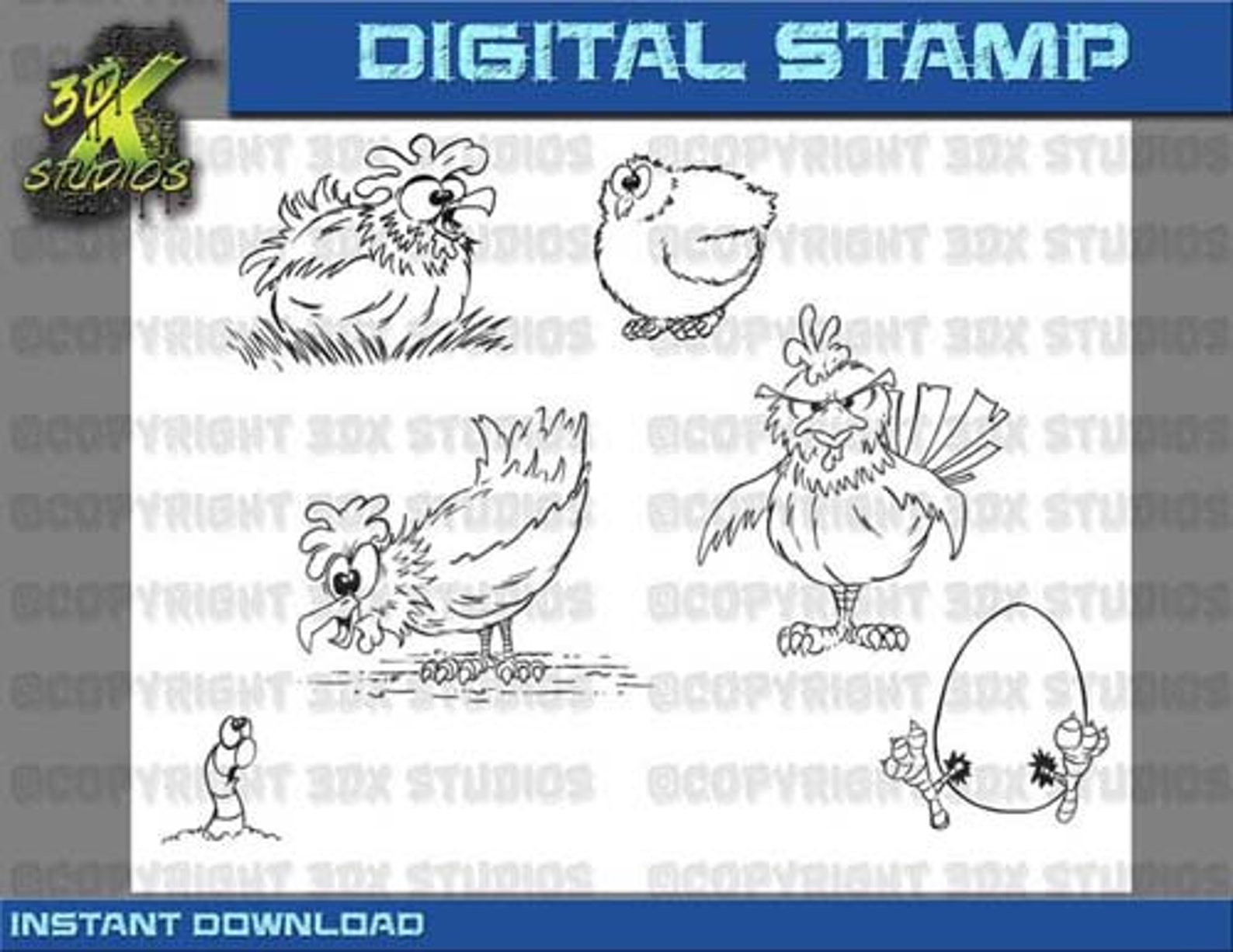 Digital Stamp Instant Download - Cartoon Chickens Digi - Etsy
