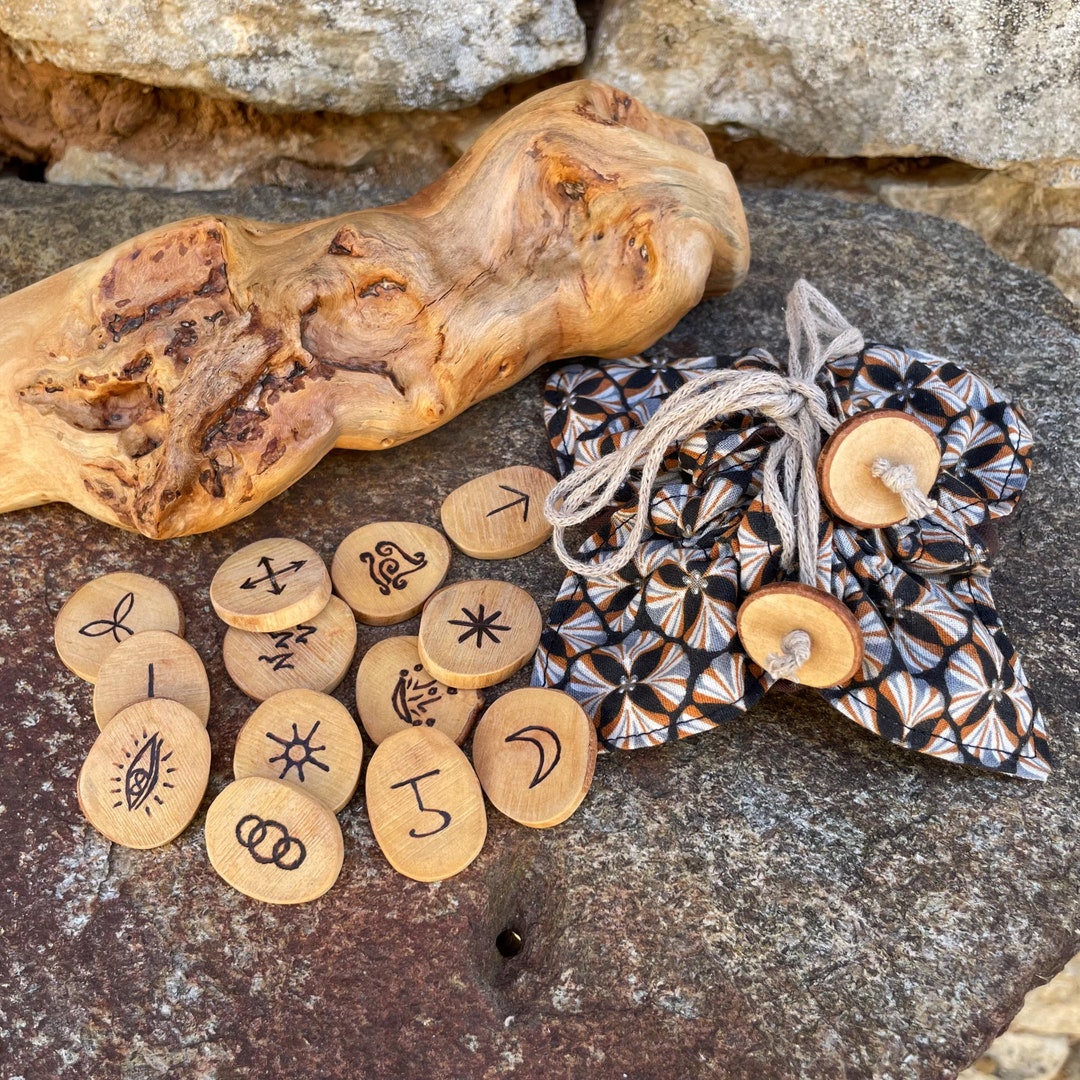 Handmade Oak Root Wood Witch Runes With Handmade Pouch, Handcrafted ...
