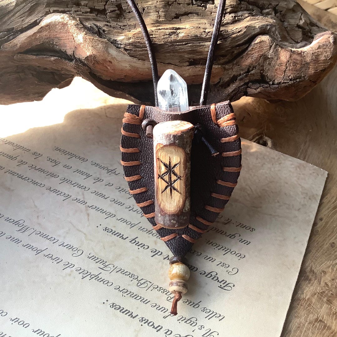 Leather Necklace Oak Wood Sigil of Protection, Leather and Rock Crystal ...