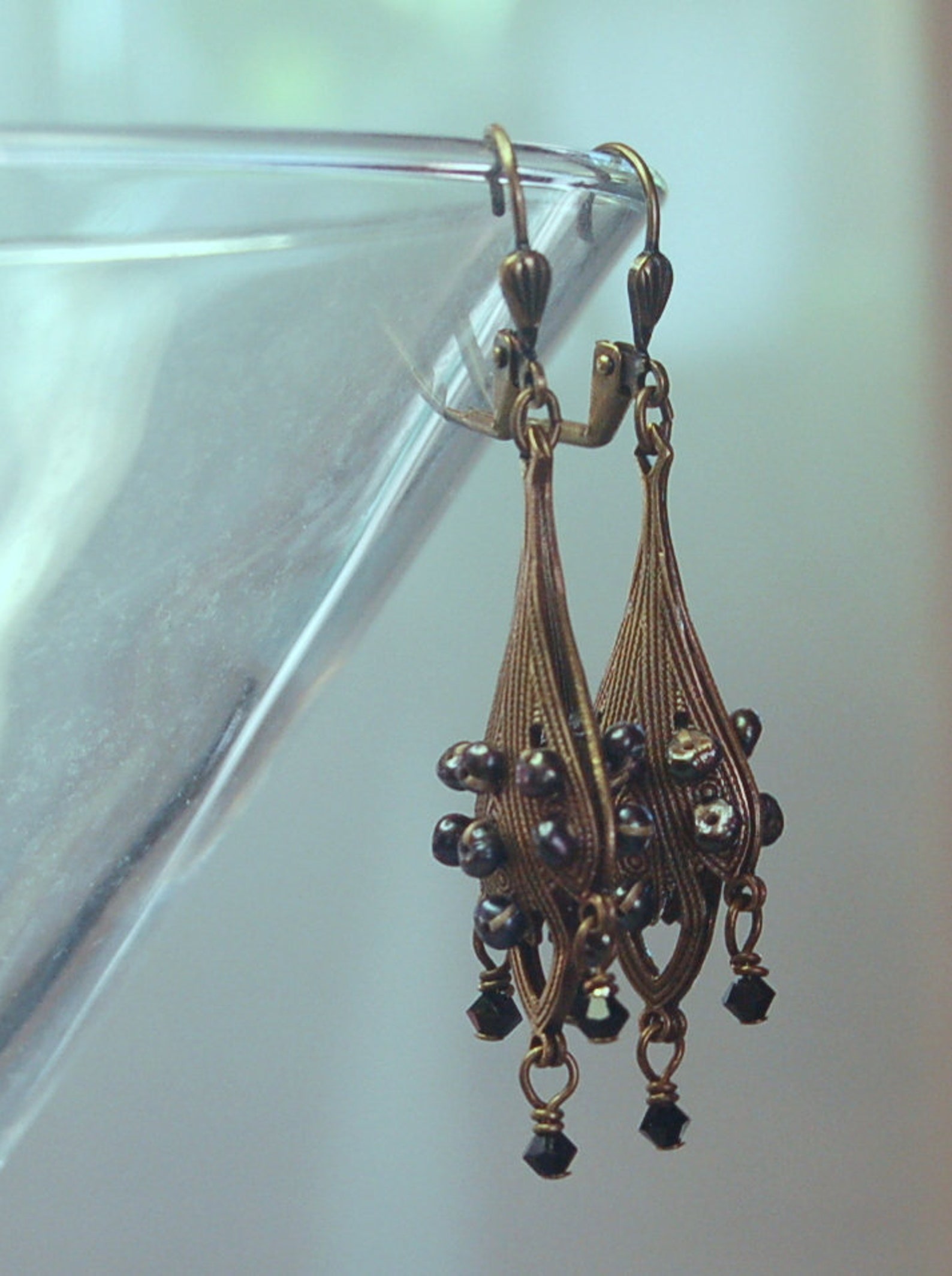 Hand Sewn Tiny Black Fresh Water Pearls and Swarovski Crystal Double ...