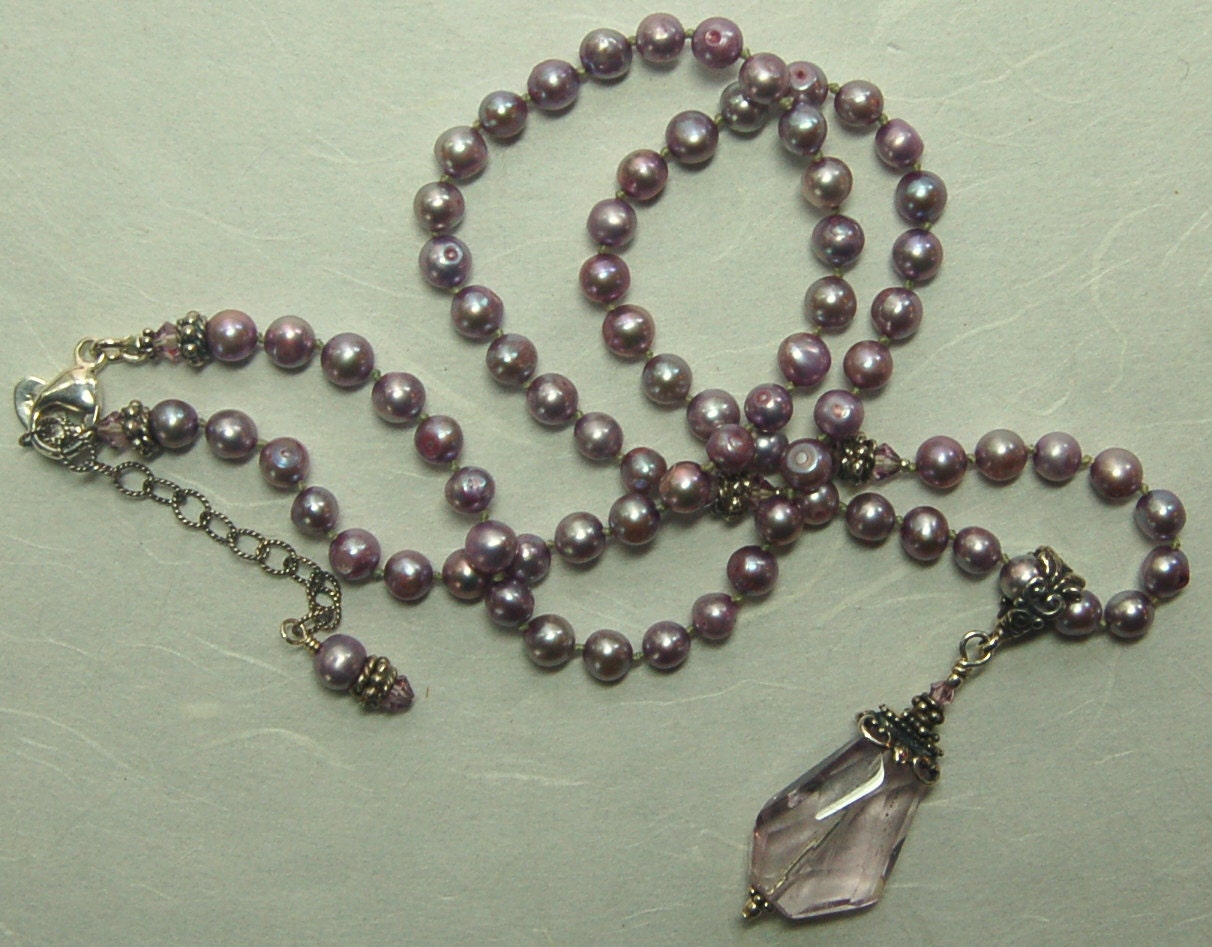 Hand Knotted Light Plum Fresh Water Pearls, Bali Sterling Silver Beads ...