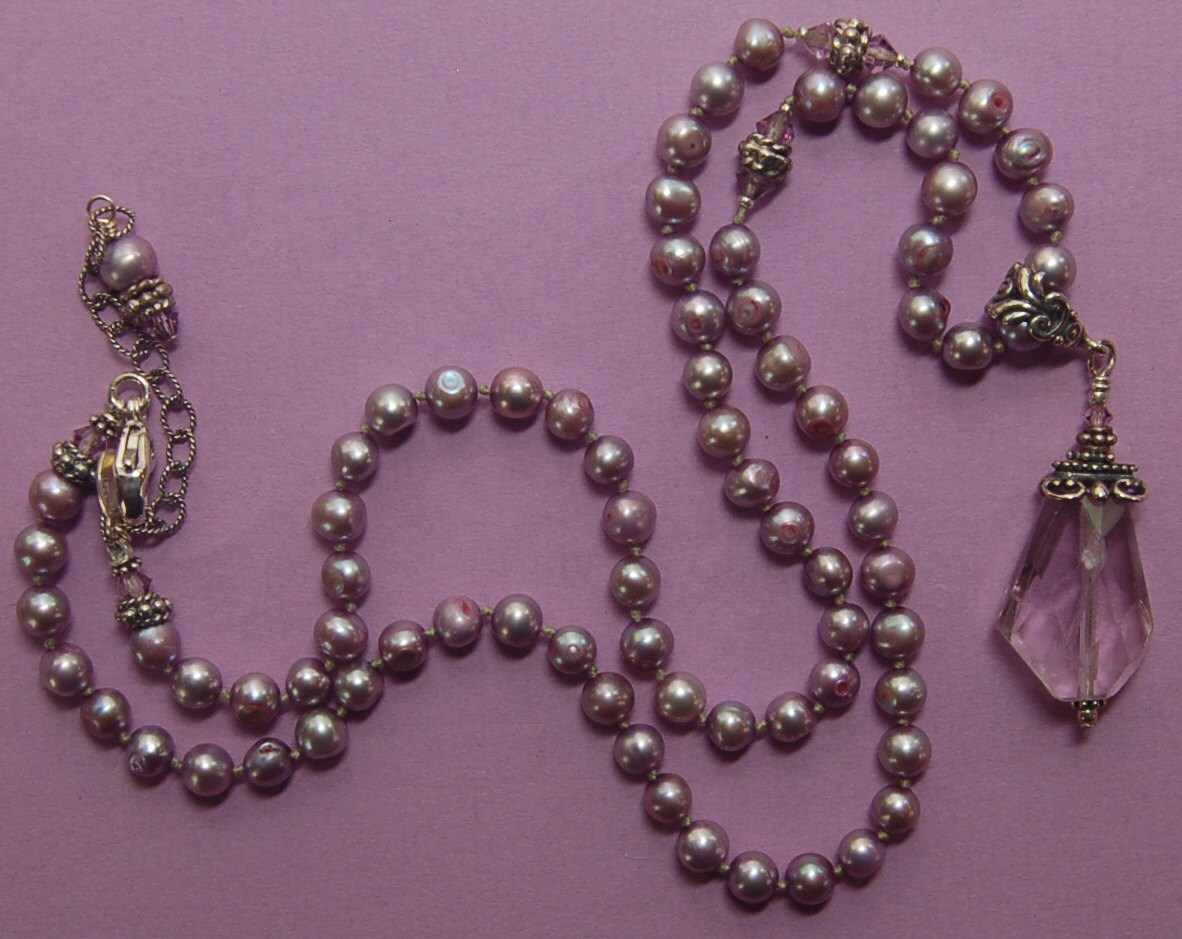 Hand Knotted Light Plum Fresh Water Pearls, Bali Sterling Silver Beads ...