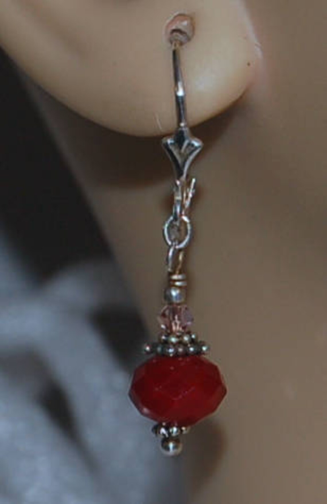 Dark Red Quartz Gemstone, Crystal and Bali Sterling Silver Beaded Lever ...