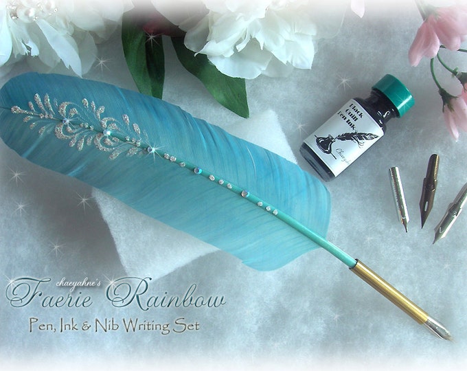 FAERIE RAINBOW Feather Quill Dip Pen and Ink Set ... Aqua Turquoise - Etsy