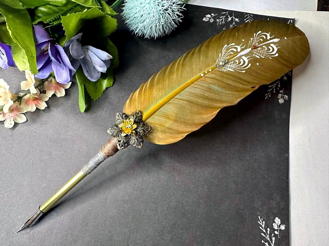 FAERIE FLOWER Artisan Crafted Feather Quill Pen - Olive Gold - Etsy