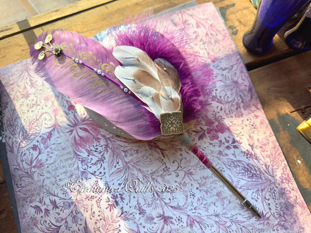Fuschia GOLDEN WATERLILY Winged Enchantment Feather Quill Pen - Dip Pen ...