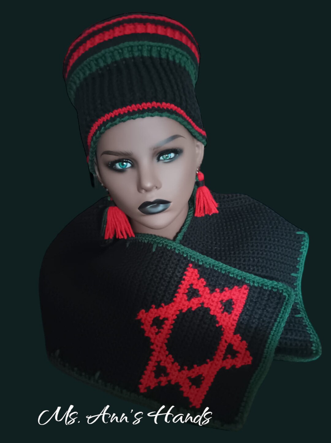 Red, Black and Green 2 Tier Crown Hat, Star of David Scarf and Fringed ...