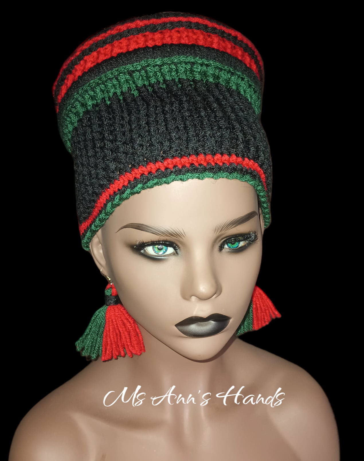 Red, Black and Green 2 Tier Crown Hat, Star of David Scarf and Fringed ...